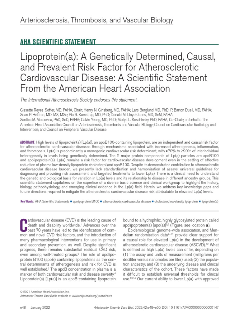 Art Thromb Vasc 2022. Lipoprotein (A) | PDF
