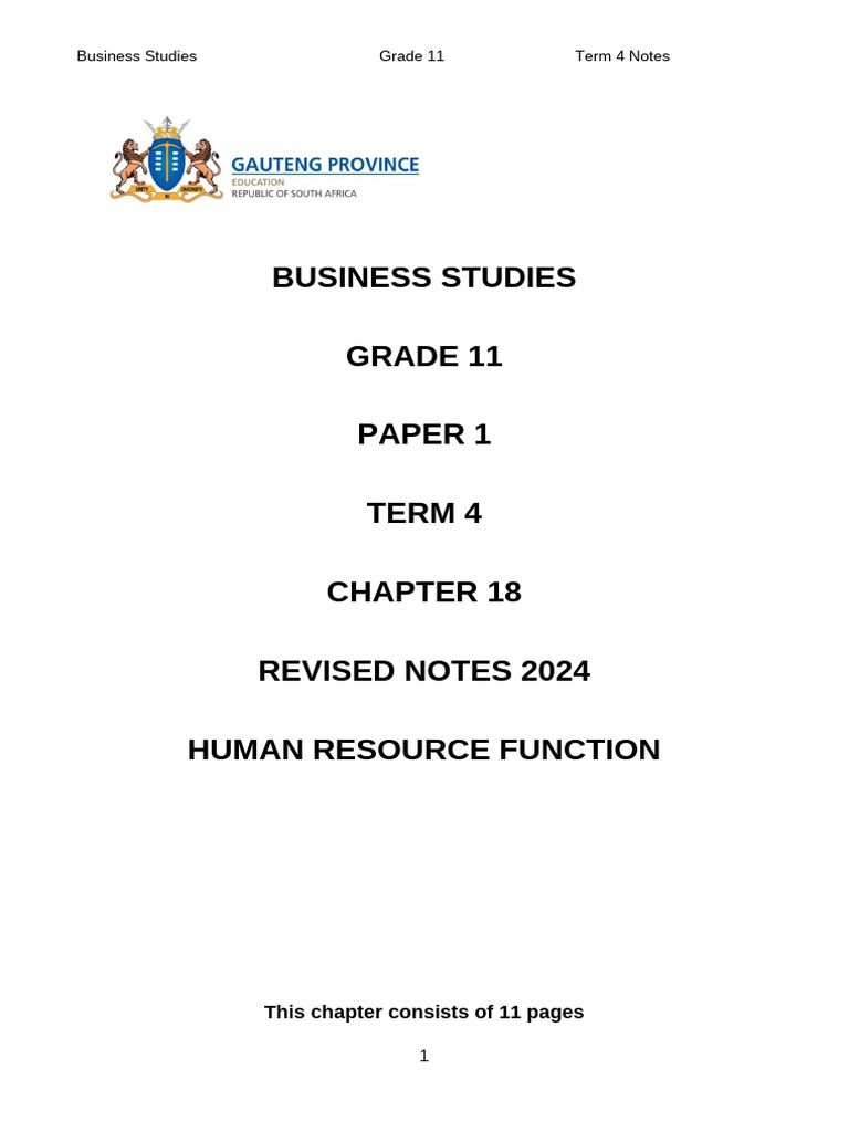 Grade 11 Notes Term 4 Chapter 18 Revised Notes Human Resources Function ...