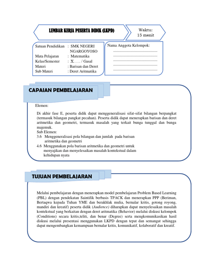 Lkpd Deret Aritmatika Pbl Kumer | PDF