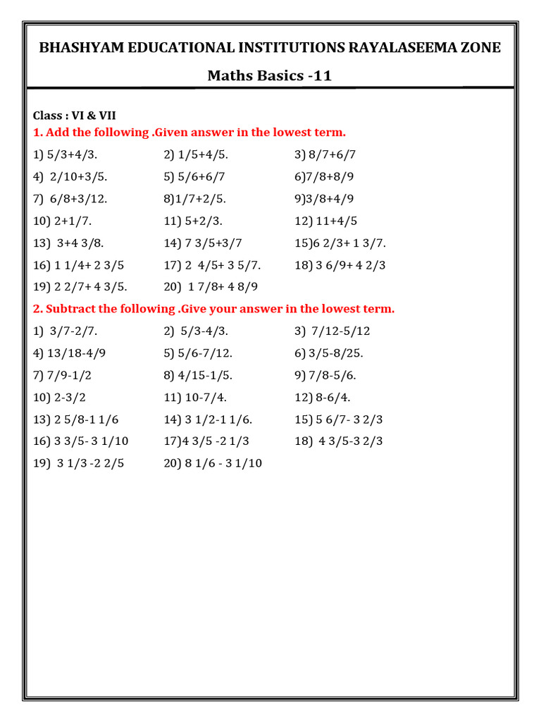 Maths Basic Work Sheet -11 | PDF