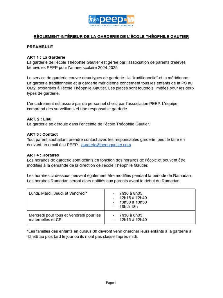 PEEP Règlement Intérieur Garderie 24-25 3 | PDF