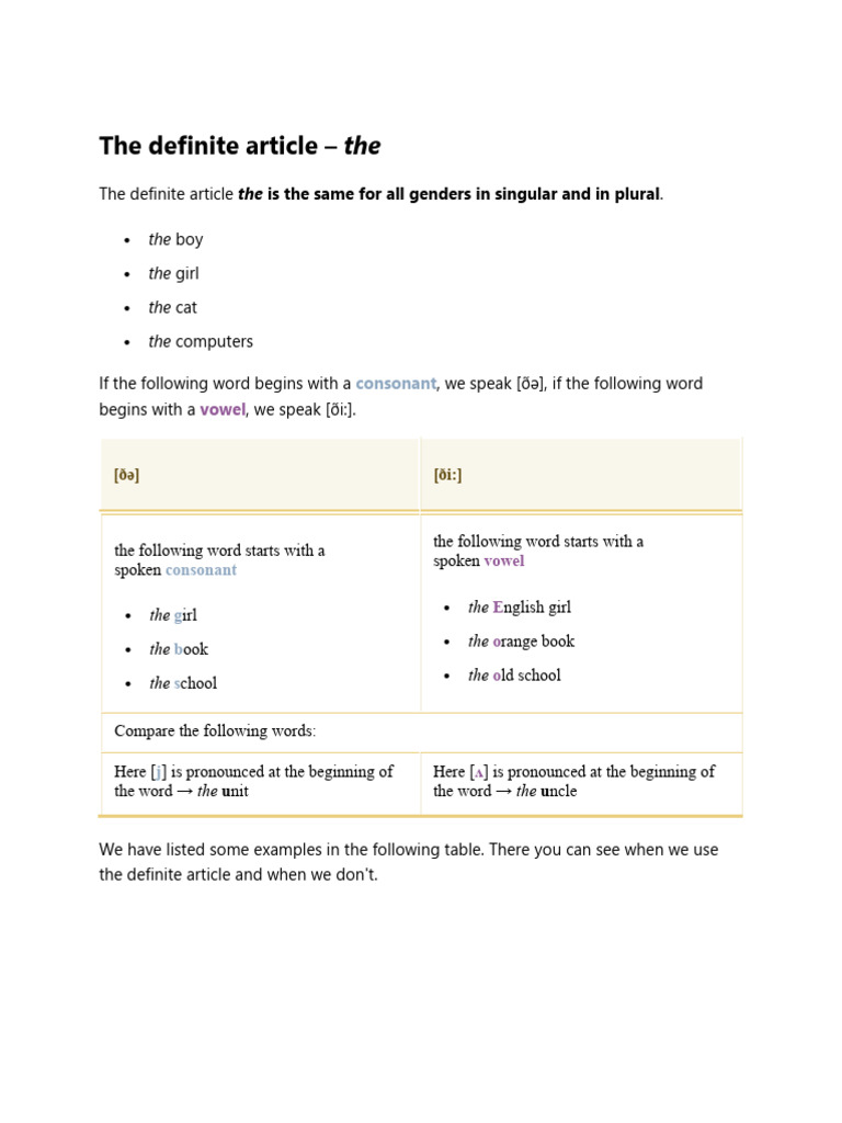 The Definite Article The + Indefinite Articles A&an + NO Article | PDF