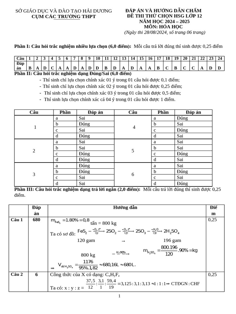 2024-2025 HSG HÓA 12 CỤM LẦN 2 - Hải Dương - HDC | PDF