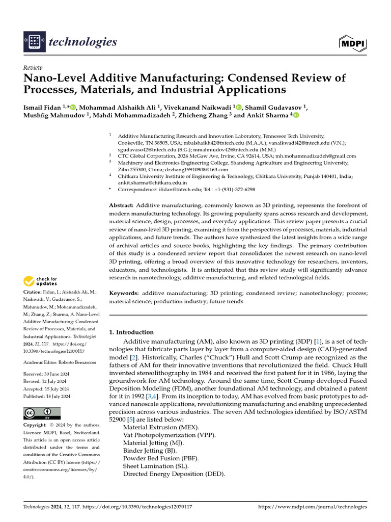Nano-Level Additive Manufacturing Condensed Review | PDF