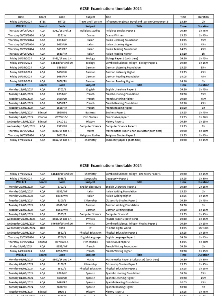 GCSE Summer 2024 Timetable | PDF