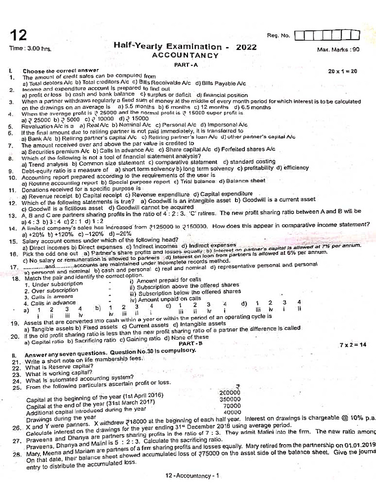 12th Accountancy EM Half Yearly Exam 2022 Original Question Paper ...