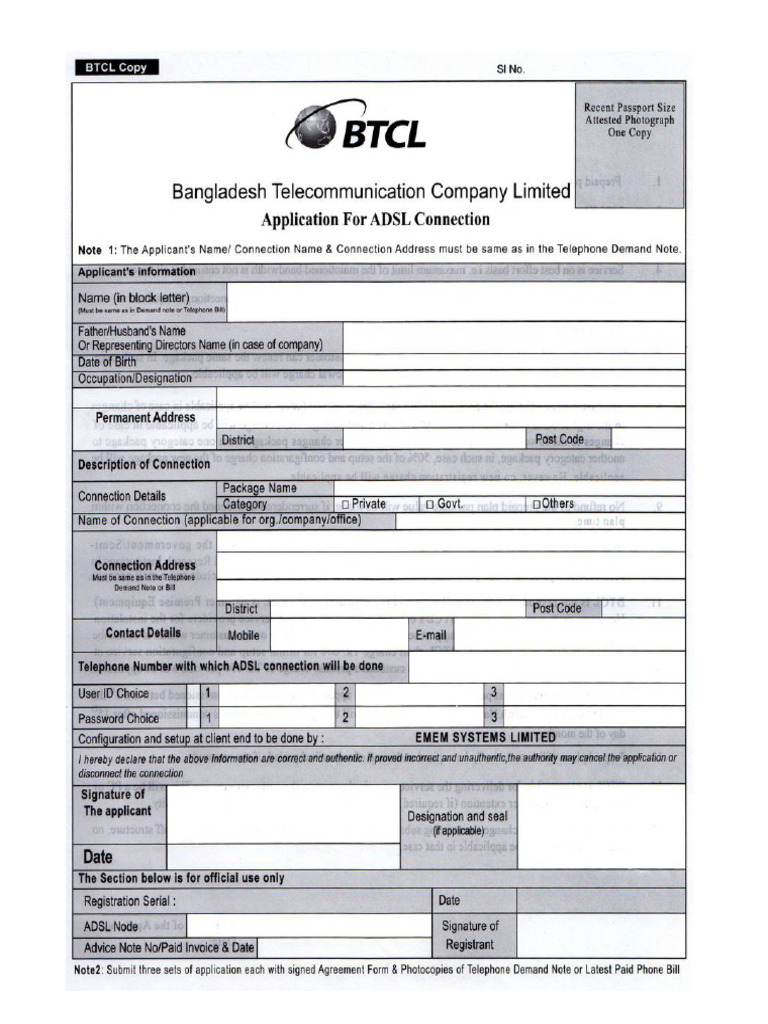 BTCL ADSL Application Form | PDF