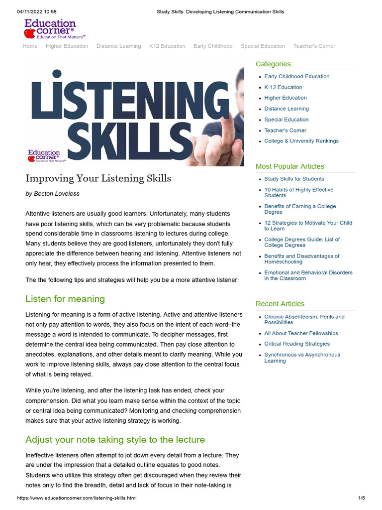 Study Skills - Developing Listening Communication Skills | PDF