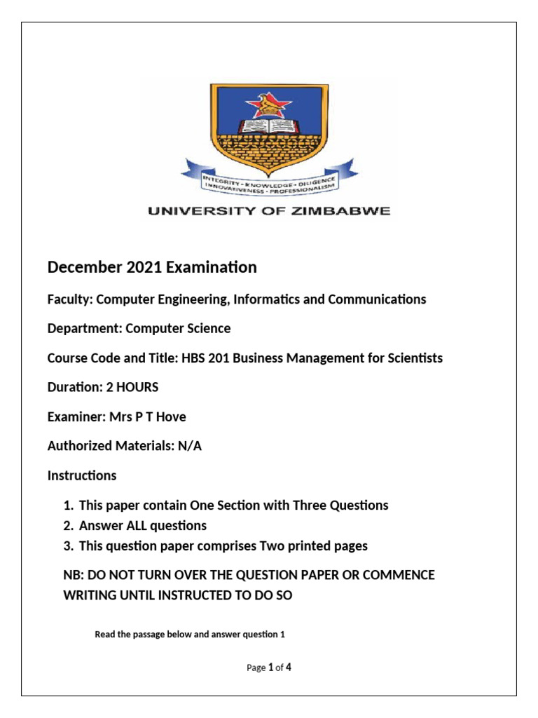 HBS 201 Dec 2021 Exam | PDF | Goal | Risk Management