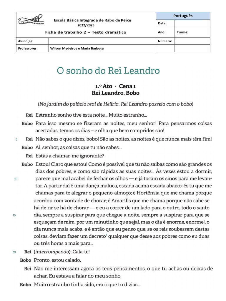 Ficha de trabalho 2 - texto dramático - 8.º ano | PDF