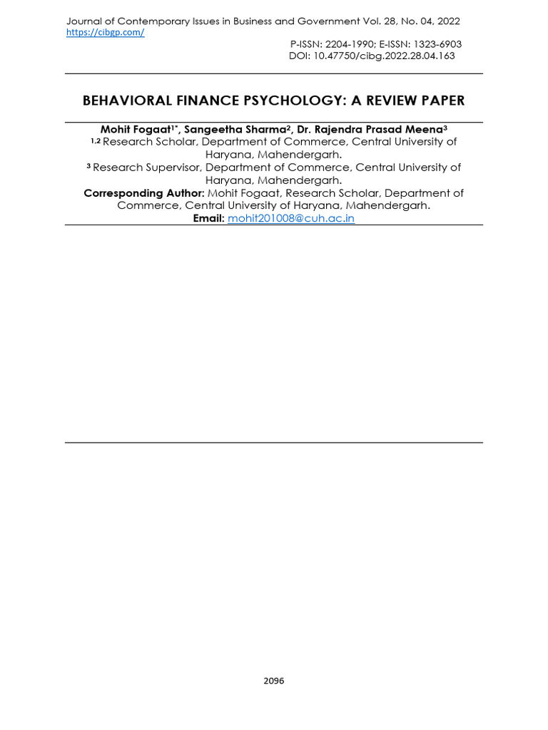 BEHAVIORAL FINANCE PSYCHOLOGY A REVIEW PAPER | PDF