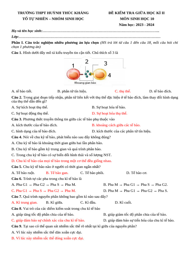 GV.Sinh học 10. Đề KT giữa HKII | PDF