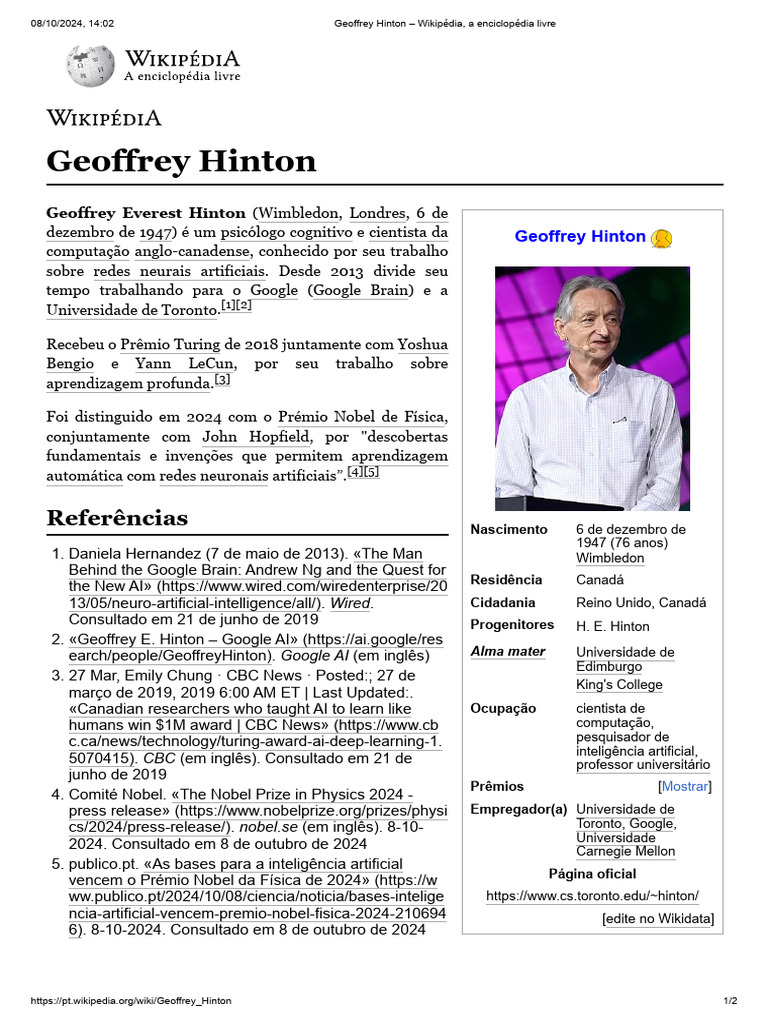 Geoffrey Hinton - Wikipédia, A Enciclopédia Livre | PDF
