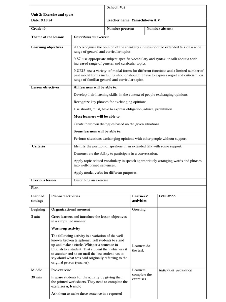 Describing An Exercise: Evaluation | PDF