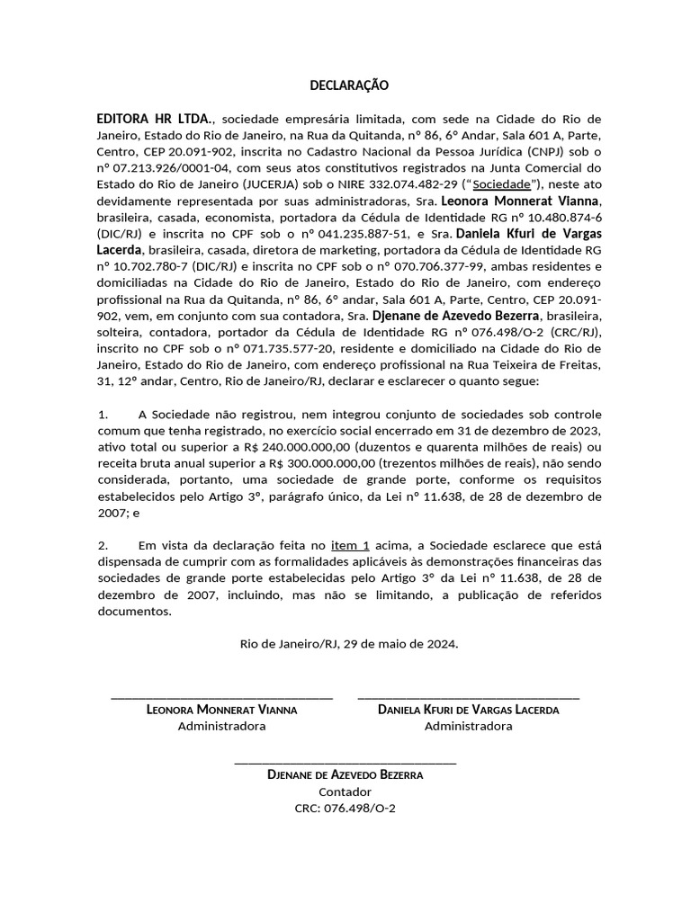 Editora HR - Declaração de Desenquadramento - SF 29.05.2024 | PDF