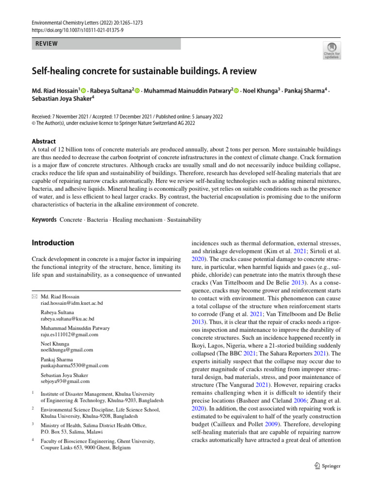 Self Healing Concrete For Sustainable Buildings. A Review | PDF