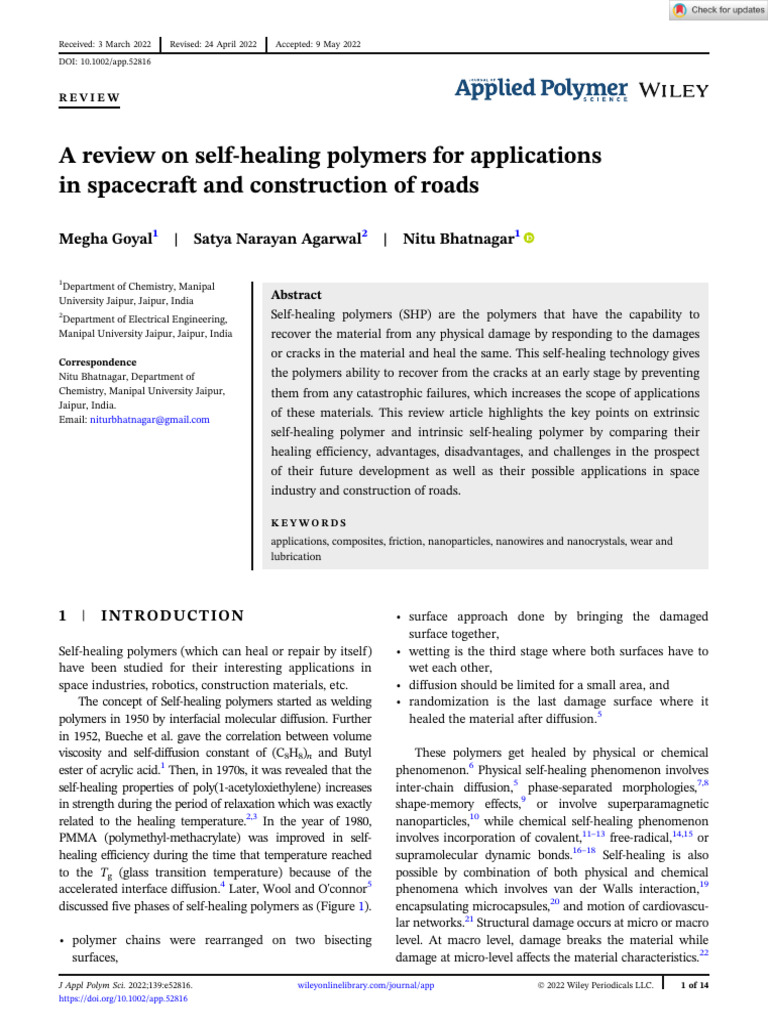 J of Applied Polymer Sci - 2022 - Goyal - A Review On Self Healing Polymers For Applications in ...