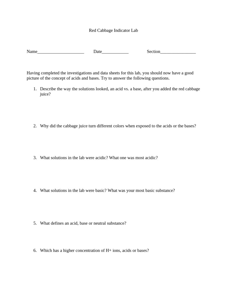 Red Cabbage Indicator Lab questions | PDF