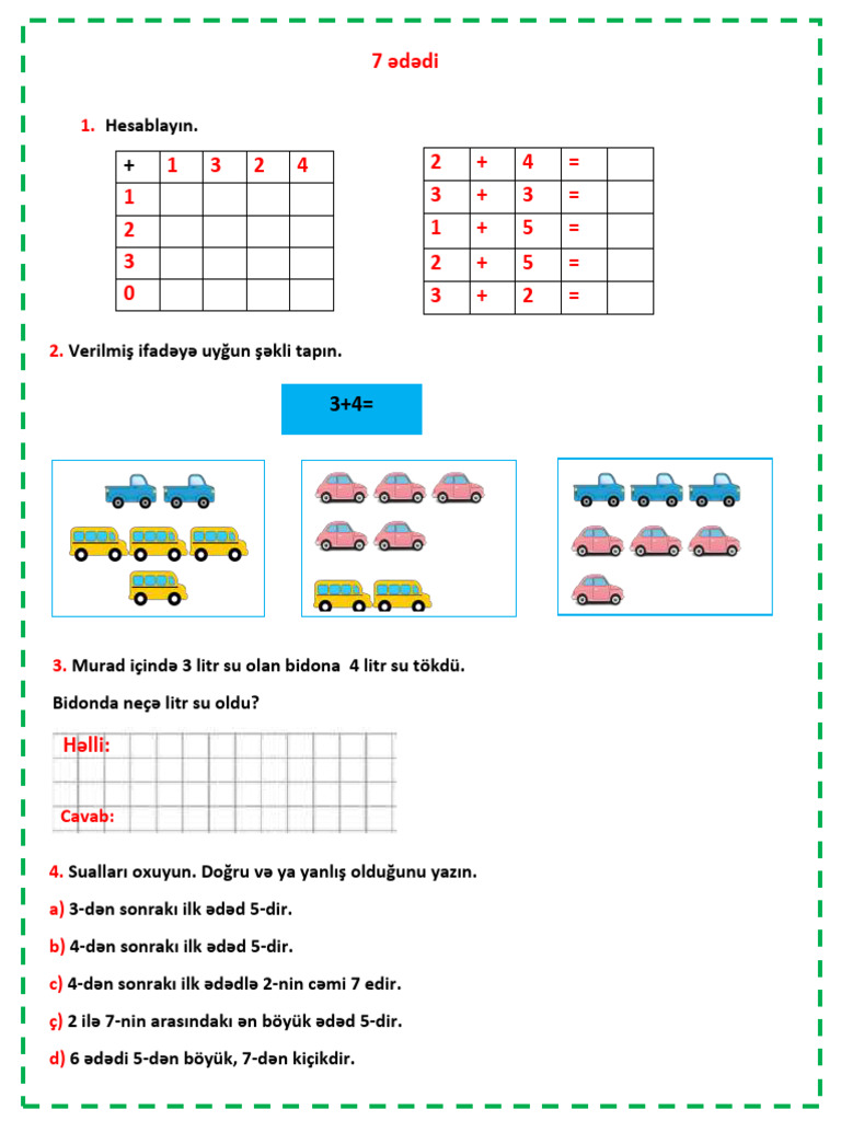 1-Ci Sinif. Riyaziyyat Iş Vərəqləri. 7 Ədədi. Ödənişli | PDF