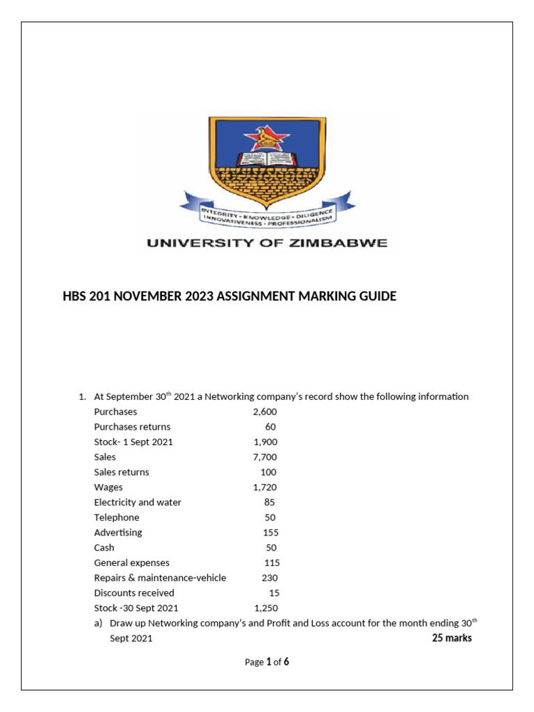HBS 201 NOVEMBER 2023 ASSIGNMENT Marking Guide | PDF | Balance Sheet ...