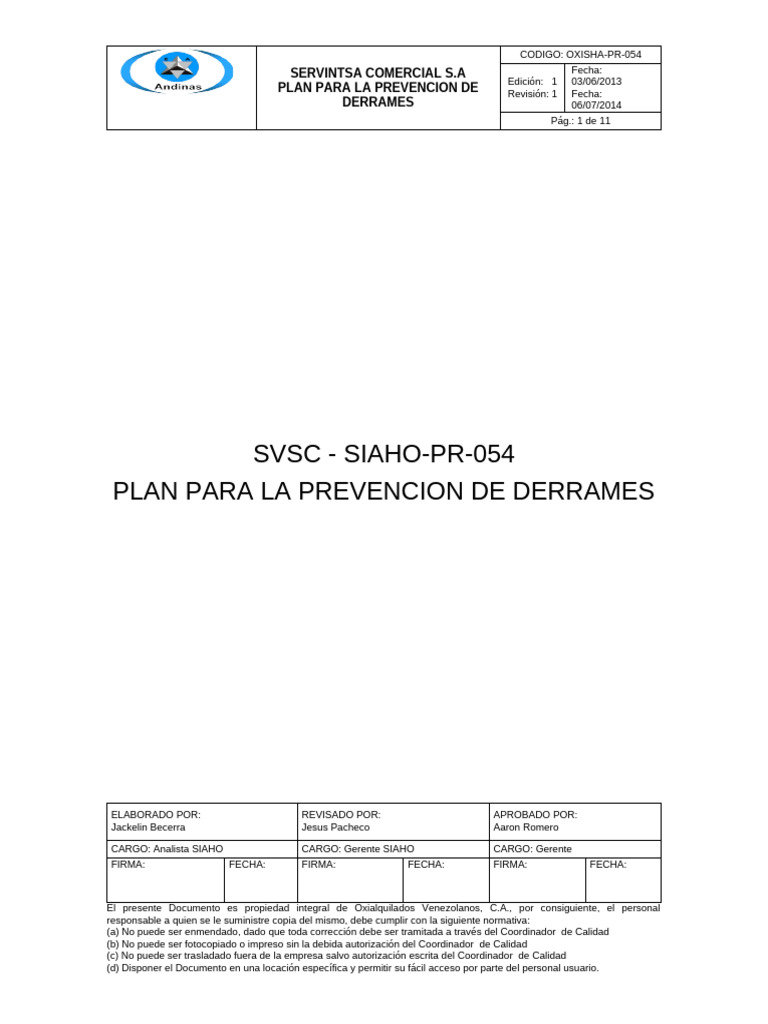 SVSCSIAHO-PR-054 Plan de Prevencion de Derrames actualizado | PDF