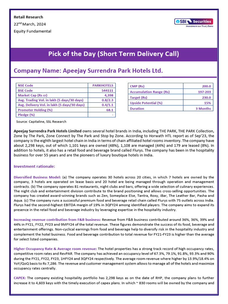 Pick of The Day (Short Term Delivery Call) - Apeejay Surrendra Park ...