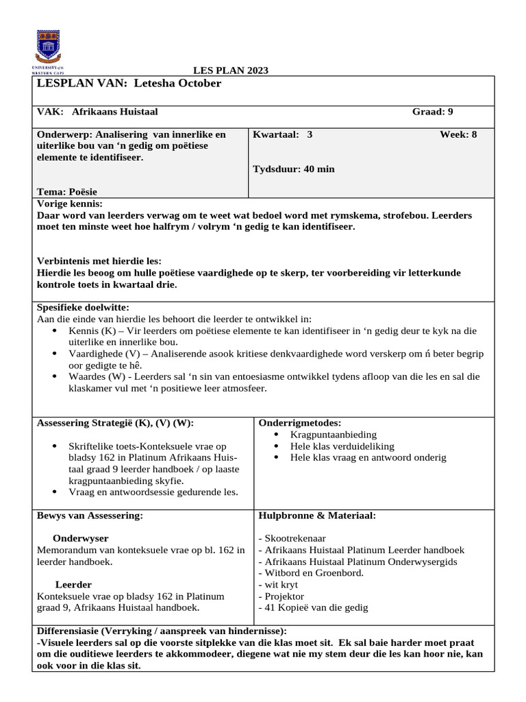 Lesplan Templaat Afrikaans | PDF