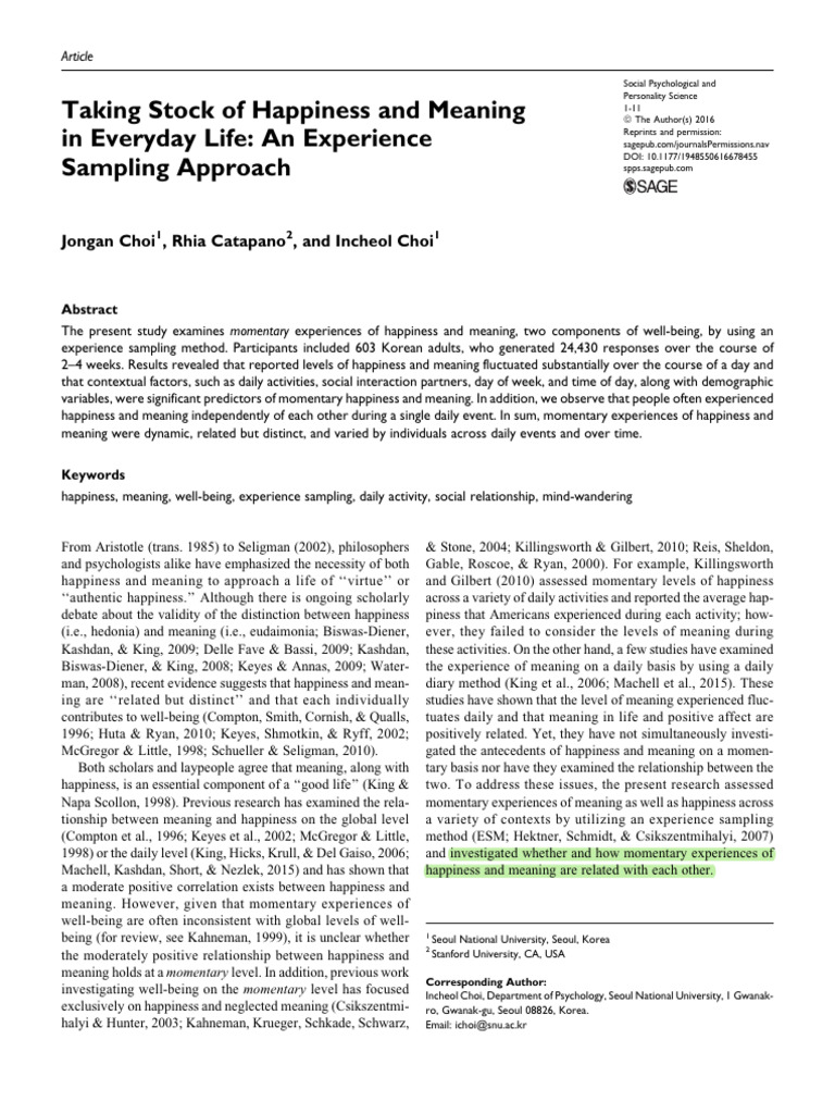 Taking Stock of Happiness and Meaning in Everyday Life An Experience Sampling Approach | PDF