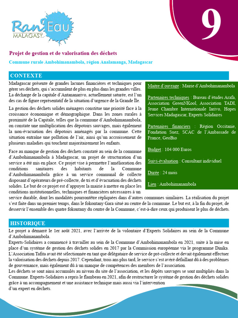 Experts Solidaires Ran Eau Fiche Action Projet de Gestion Et de Valorisation Des Dechets 2023 | PDF