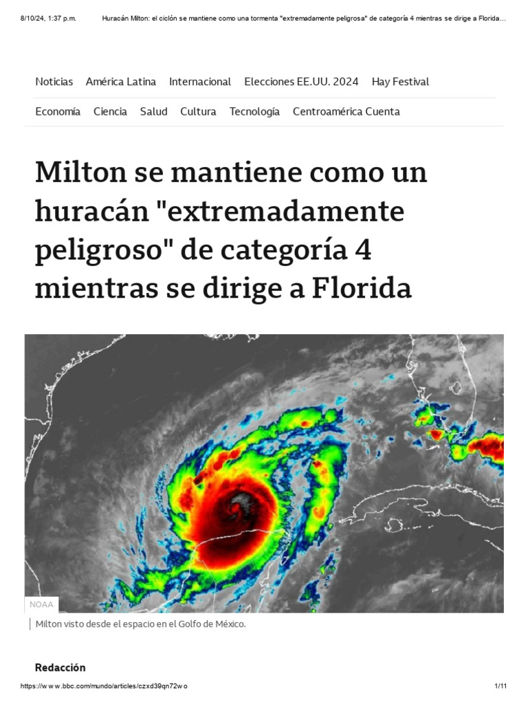 Huracán Milton - El Ciclón Se Mantiene Como Una Tormenta - Extremadamente Peligrosa - de ...