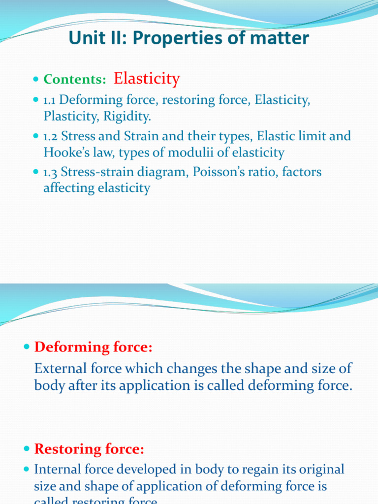 Unit II Elasticity | PDF | Elasticity (Physics) | Young's Modulus