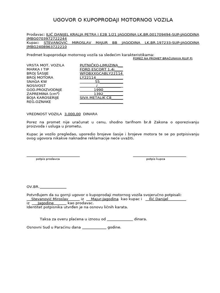 Ugovor o Kupoprodaji Motornog Vozila | PDF