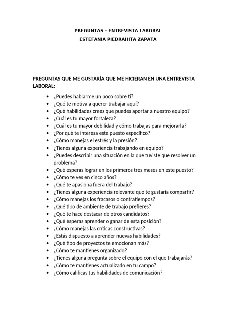 Preguntas Entrevista Laboral | PDF