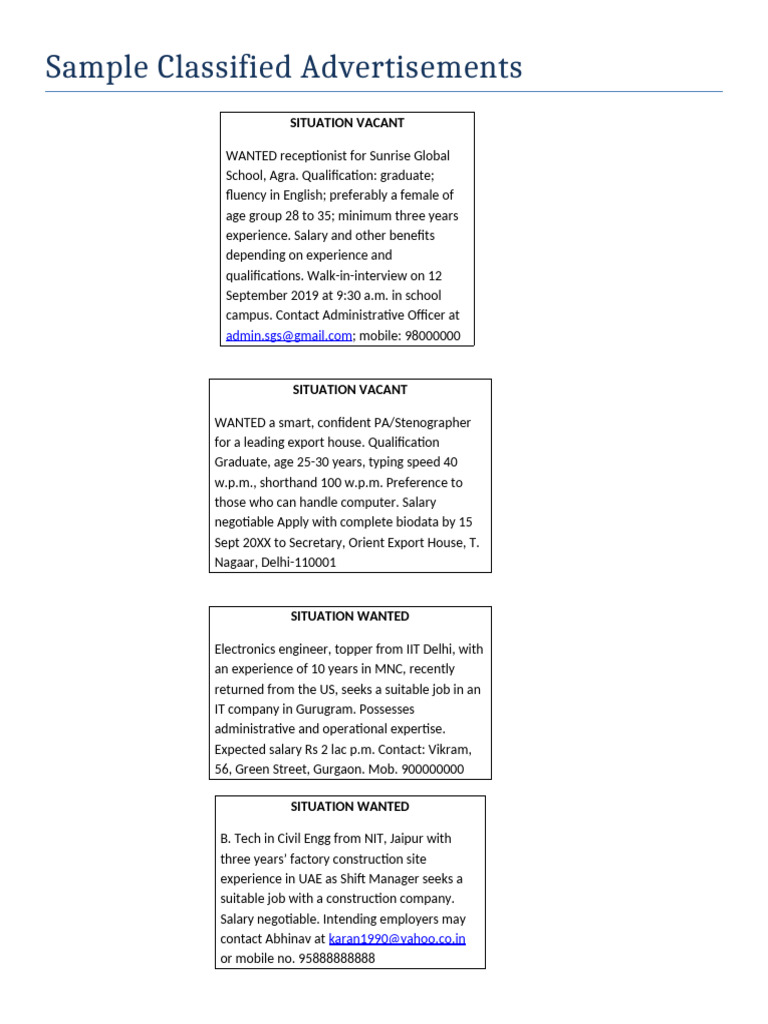 Sample Classified Adv | PDF