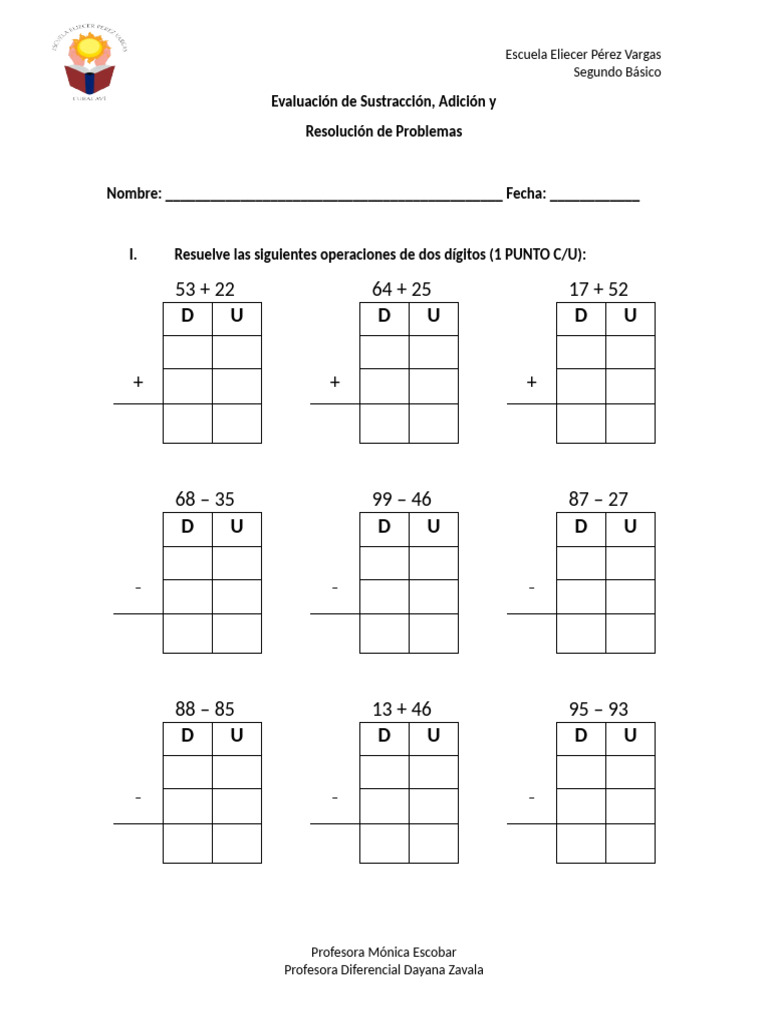 Evaluación de Sustracción, Adición y Resolución de Problemas | PDF