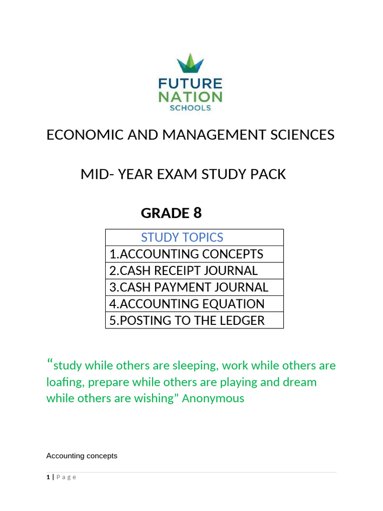Economic and Management Sciences Mid-Year Exam Study Pack: Grade 8 | PDF