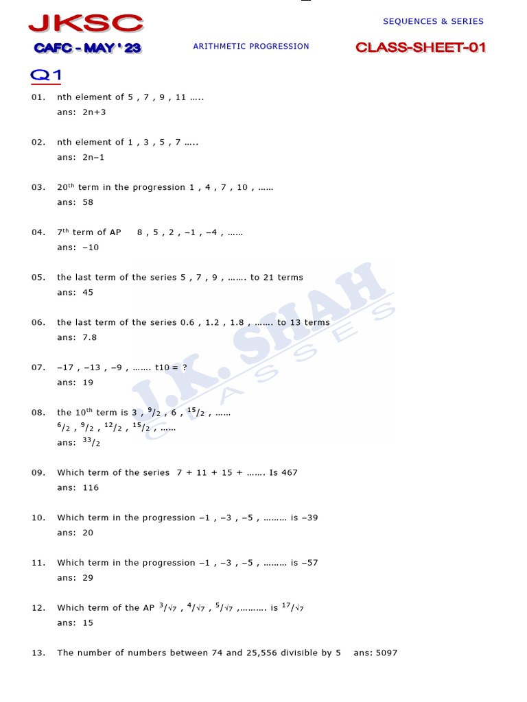 Sequences & Series - AP - Class Sheet 1 | PDF