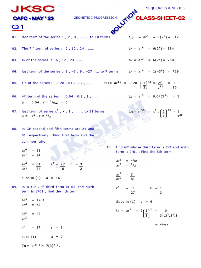 2. Sequences & Series - GP - Class Sheet 2 - Soln | PDF