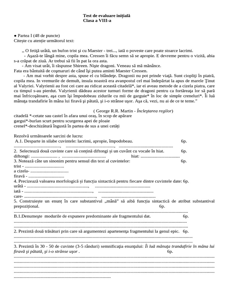 Test Initial - Limba Romana - Clasa A VIII A - Nr.1 | PDF