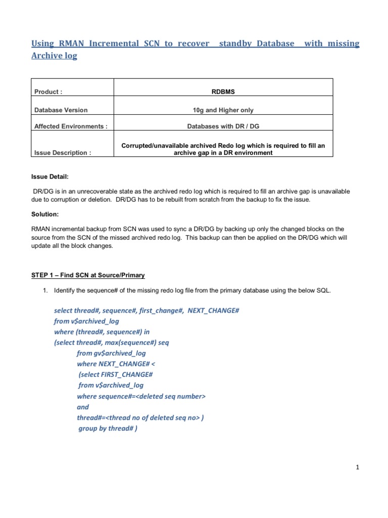 Recovering Standby Database When Archive Log Is Missing Using Rman Pdf Oracle Database
