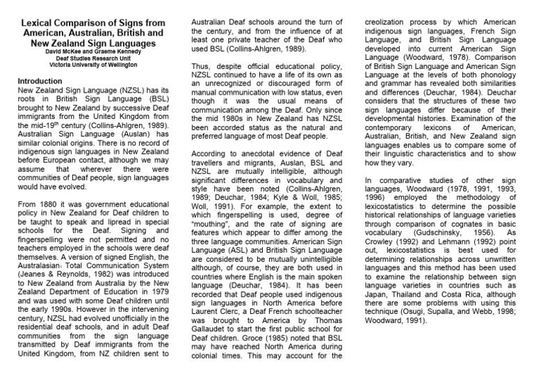 Lexical Comparison of Signs NZ-Aus | PDF