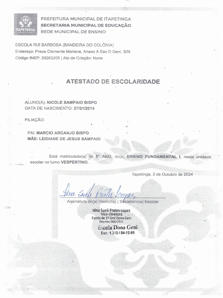 Atestado Escolaridade Nicole | PDF