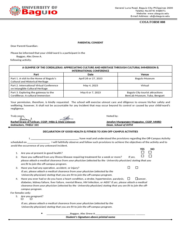 COSA FORM 008 Parental Consent Declaration of Good Health1 1 | PDF