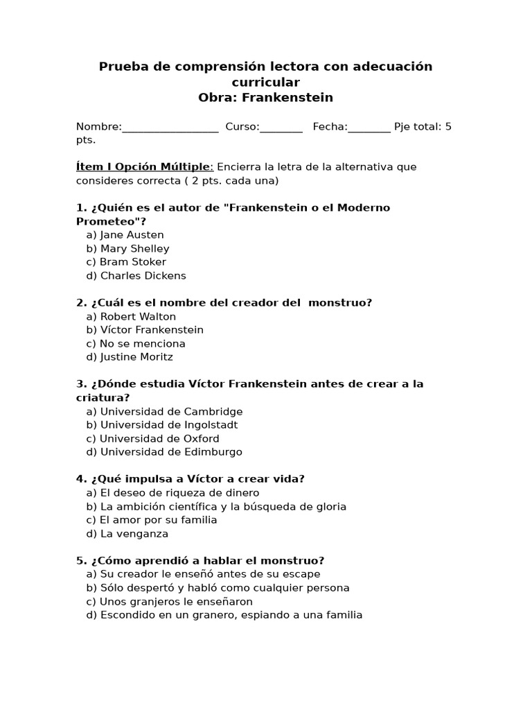 Prueba Frankenstein Con Respuestas | PDF
