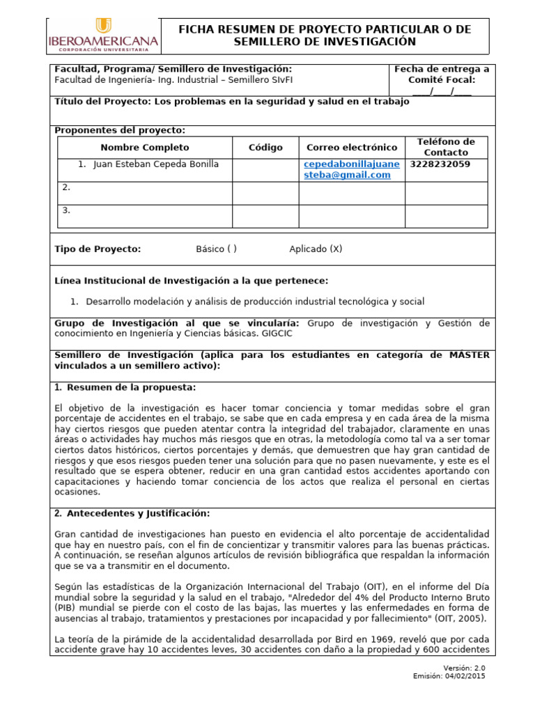 Instructivo - Ficha Resumen de Proyecto Particular o de Semillero de Investigación - Inv 2 | PDF ...