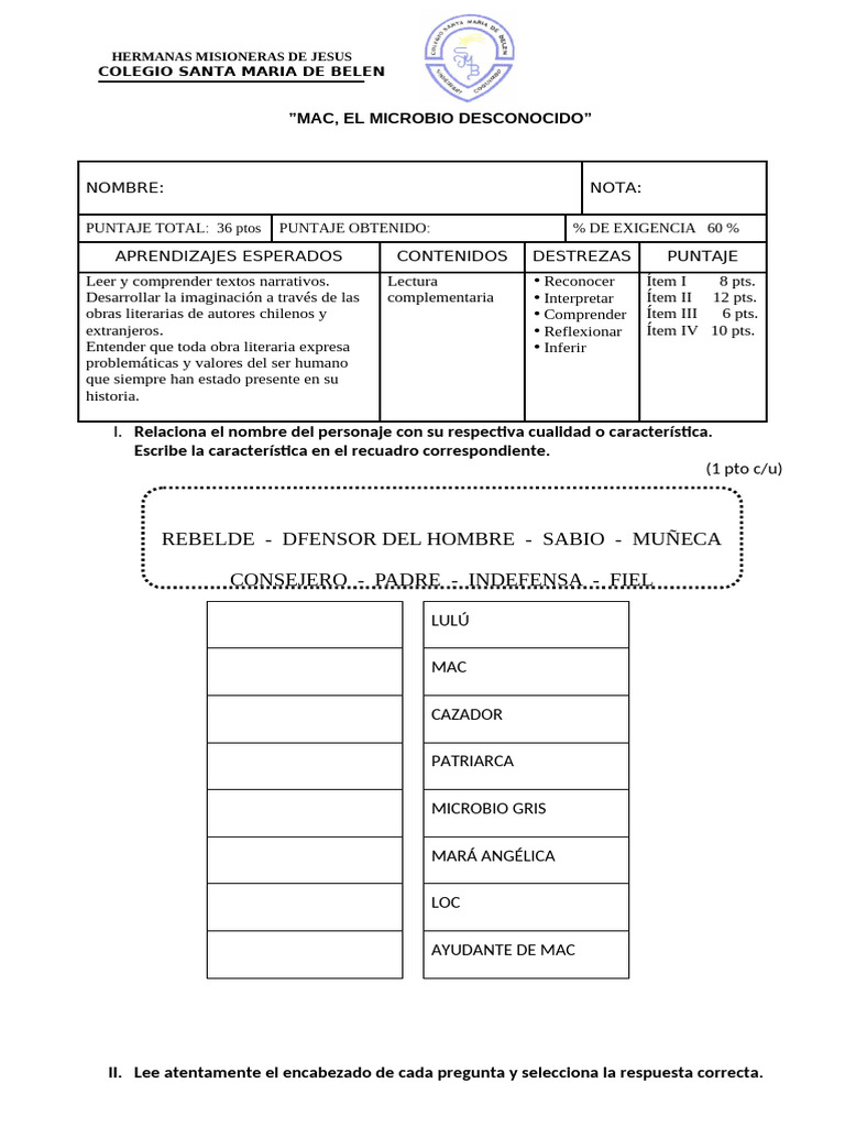 Prueba Lenguaje Mac El Microbio Desconocido Pdf