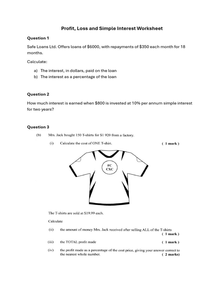 Profit, Loss and Simple Interest Worksheet | PDF