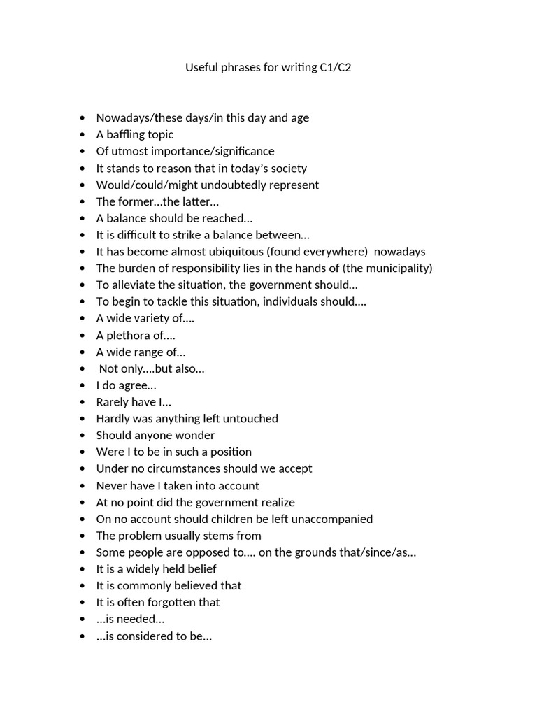 Useful Phrases For Writing C1 | PDF