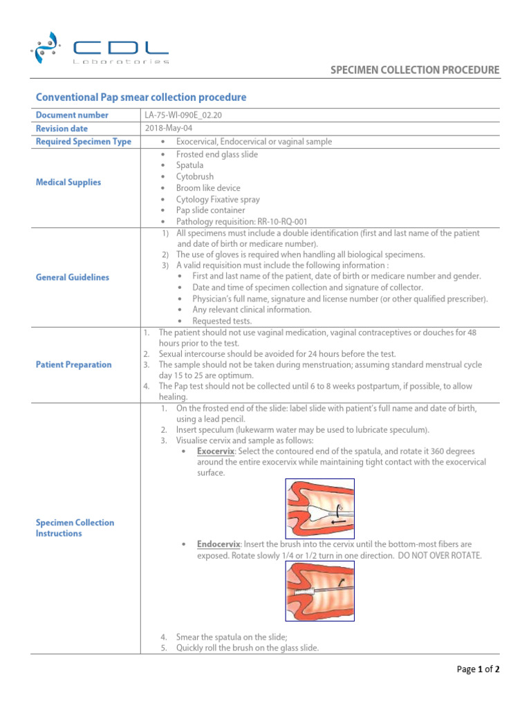 Conventional Pap Smear Collection Procedure | PDF
