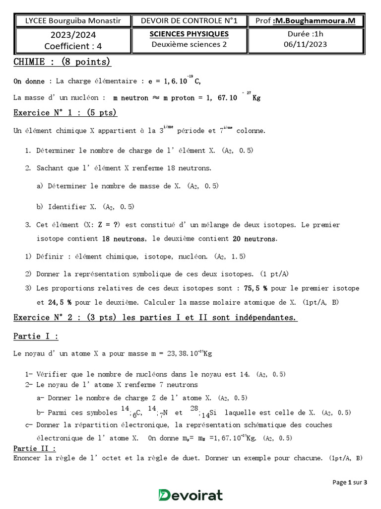 Devoir de Contrôle N°1 - Sciences Physiques - 2ème Sciences (2023-2024) MR Boughammoura Mehdi | PDF